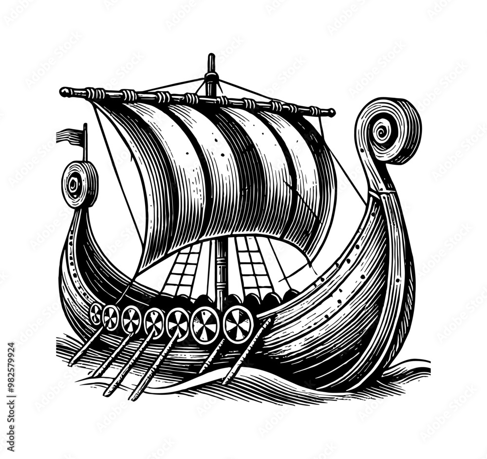 viking ship engraving black and white outline Stock Vector | Adobe Stock
