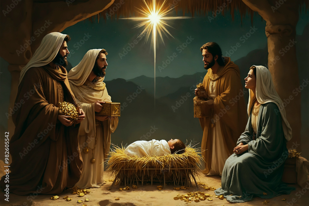 Adoration of the Shepherds - Nativity. Biblical scene. Holy Family ...