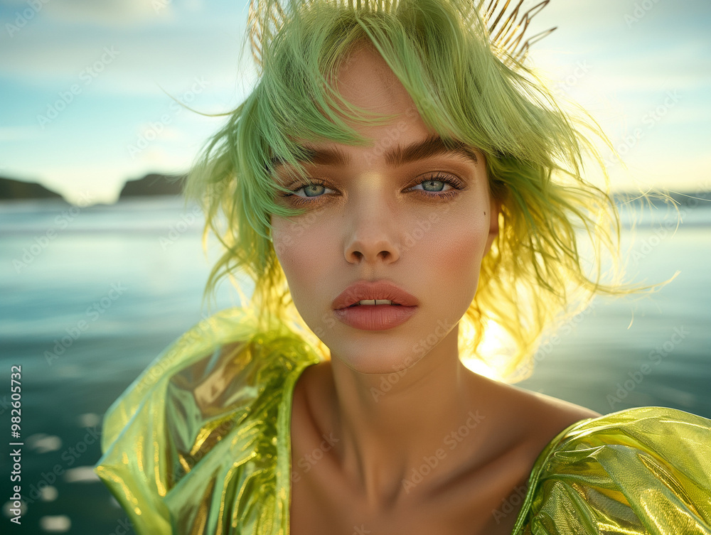 Eccentric model with green hair and a futuristic look by the ocean ...