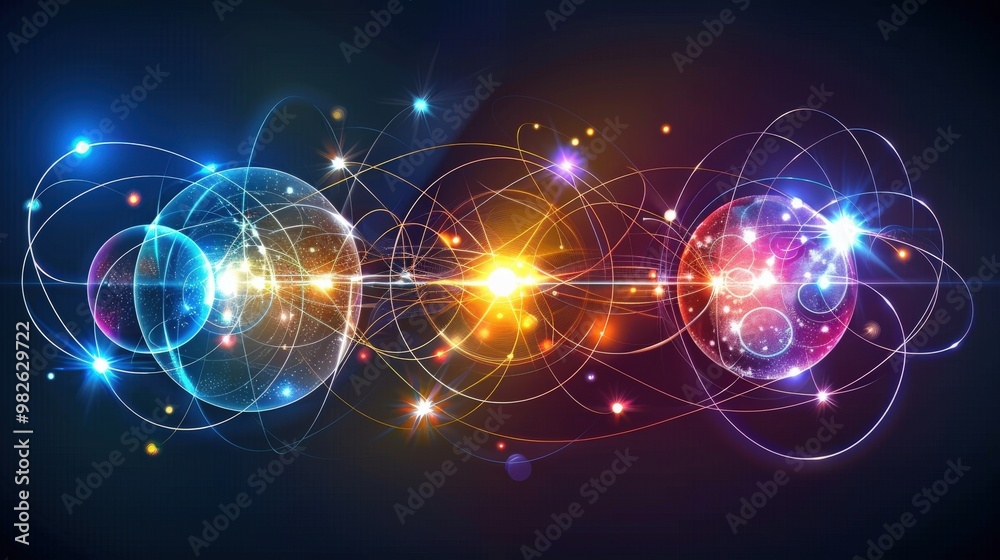 Bstract Depiction Of Atomic Orbits With Radiant Light Spheres Against Dark Background