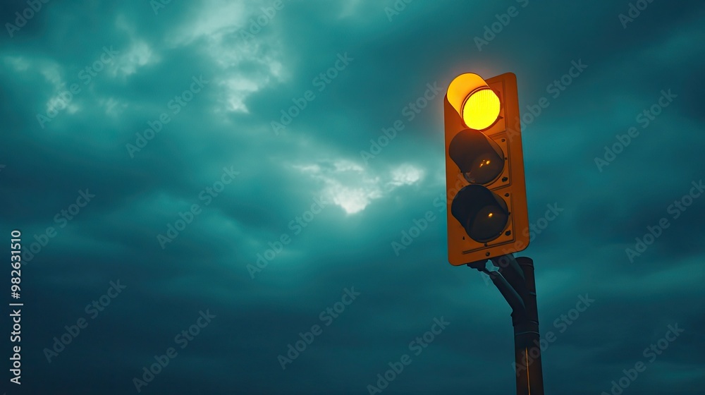 Traffic light at a small town intersection, with a cloudy sky and space ...