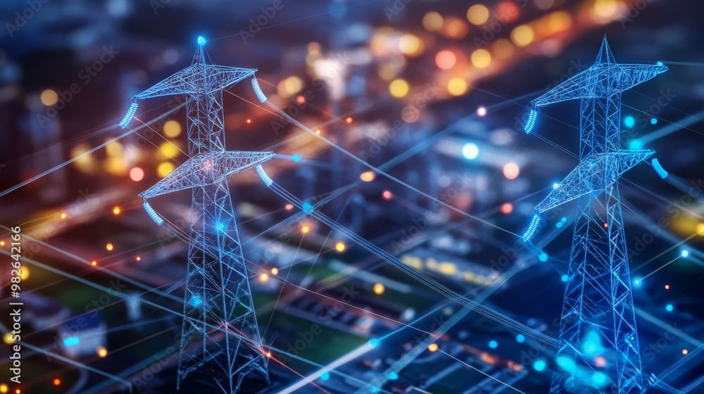 Digital representation of power lines amidst a cityscape, highlighting ...