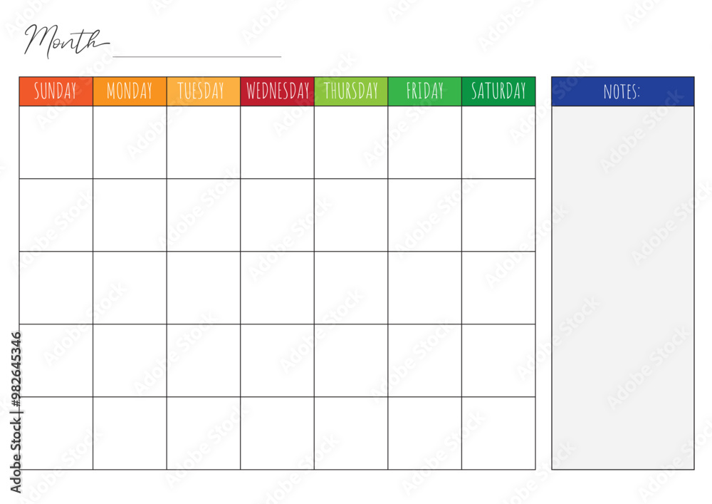 Blank Monthly Calendar Template. Vector calendar. Week starts sunday ...