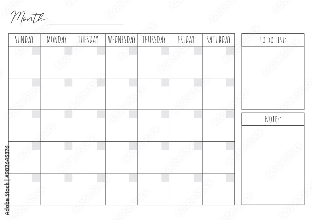 Blank Monthly Calendar Template. Vector calendar. Week starts sunday ...