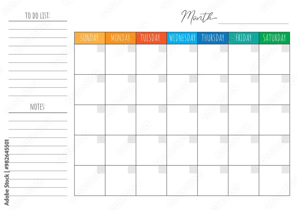 Blank Monthly Calendar Template. Vector calendar. Week starts sunday ...