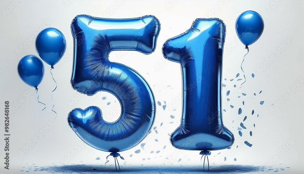 Blue birthday / anniversary balloon, number 51, white background with ...