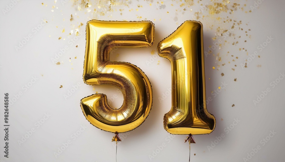 Gold birthday / anniversary balloon, number 51, white background with ...