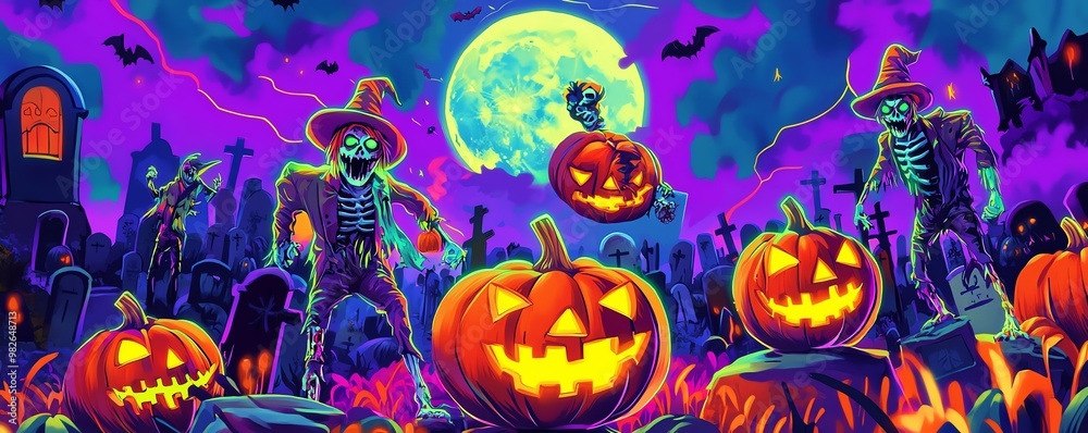 Spooky Halloween scene with glowing jack-o'-lanterns and spooky ...