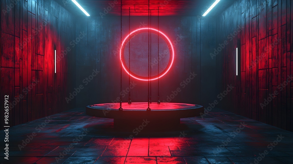 Alien suspect handcuffed to a floating metal table in a futuristic interrogation room, neon-lit ...