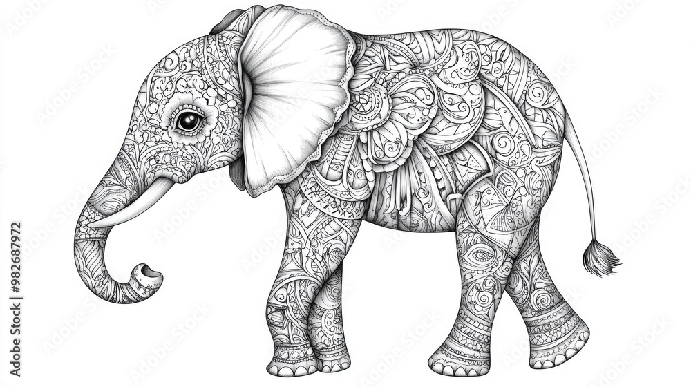 Hand drawn zentangle illustration of a cute elephant for a coloring ...