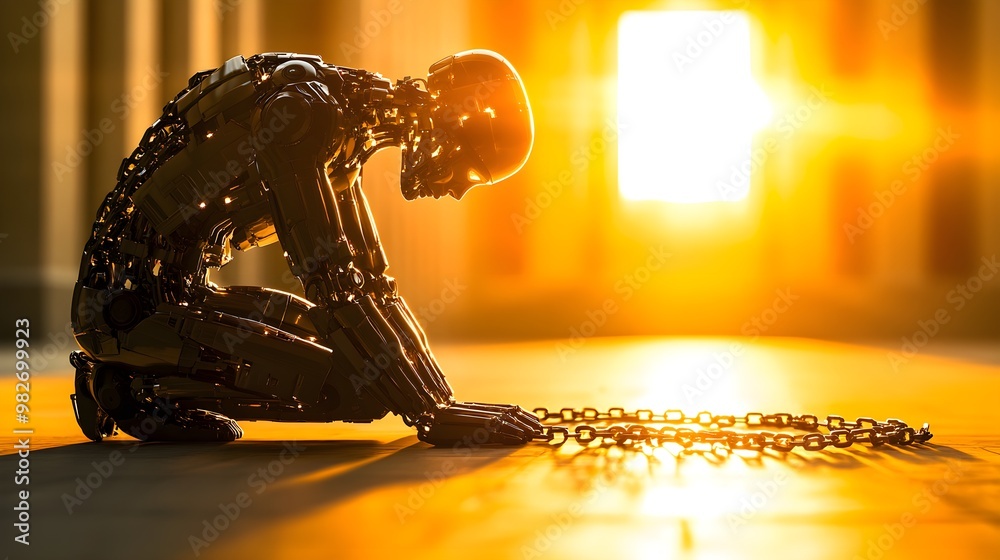 A humanoid robot on its knees, bound to the ground by a chain of legal ...
