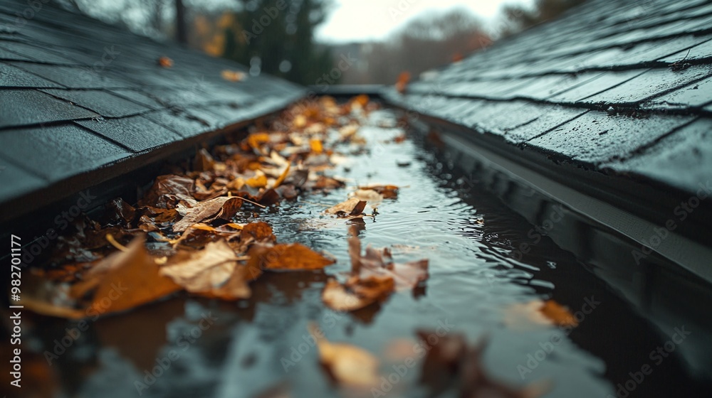 outdoor repair scene with a gutter system blocked by leaves and debris ...