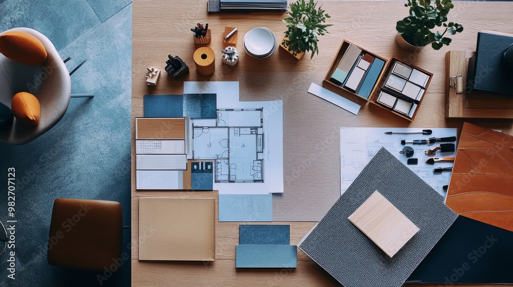 An interior designer's working table, a house plan, a color palette ...