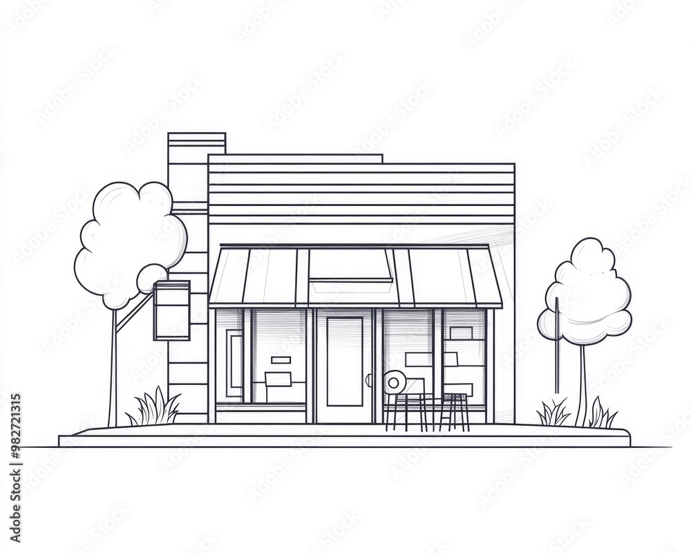 Linear 2D cartoon illustration of store architecture Exterior line art ...
