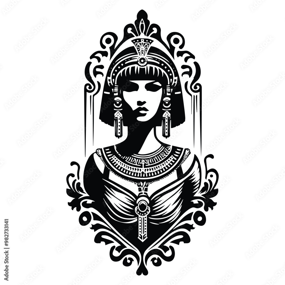 cleopatra with victorian flourish decoration in black and white ...