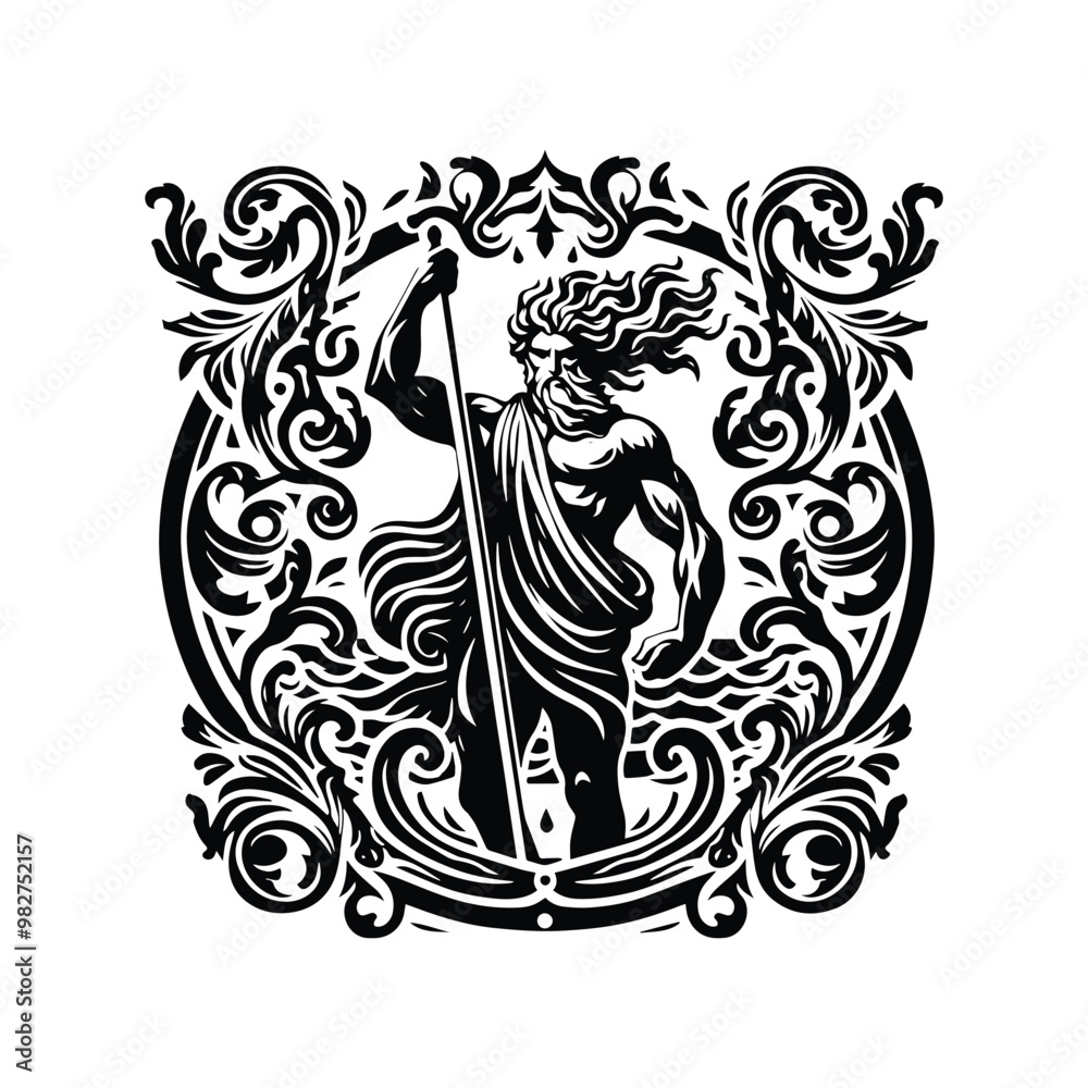 Poseidon greek god with victorian flourish decoration in black and ...