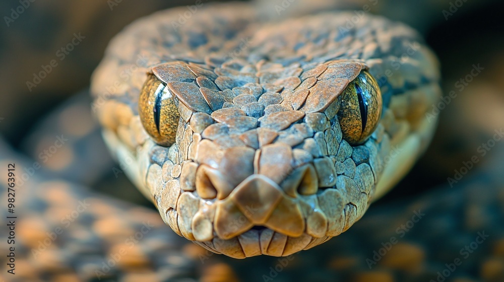 wildlife scene with closeup of venomous rattlesnake ready to strike ...