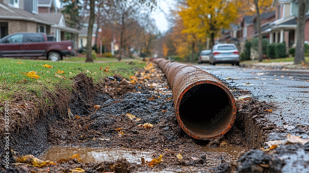 installation of sewage pipes in the street by public works team ...