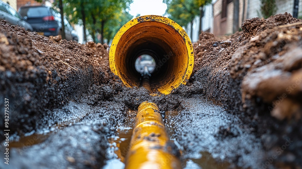 installation of sewage pipes in the street by public works team ...