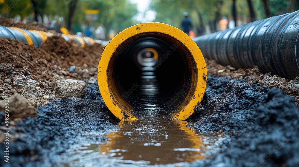 installation of sewage pipes in the street by public works team ...