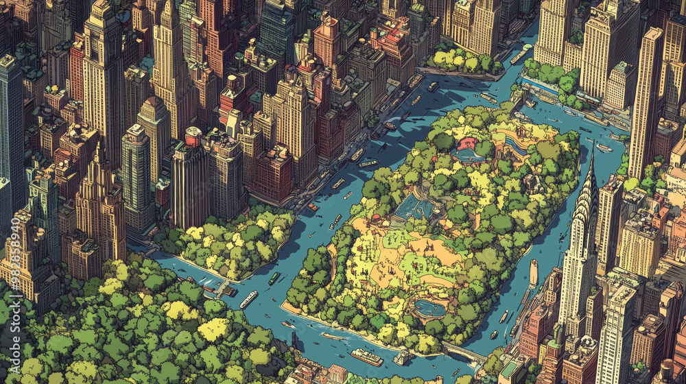 Cartoon drawing doodle map of Manhattan, New York City, NYC, top-down ...