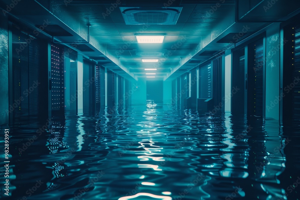 A server room deep underwater, reflecting the concept of liquid cooling , Waterlogged hallway in ...