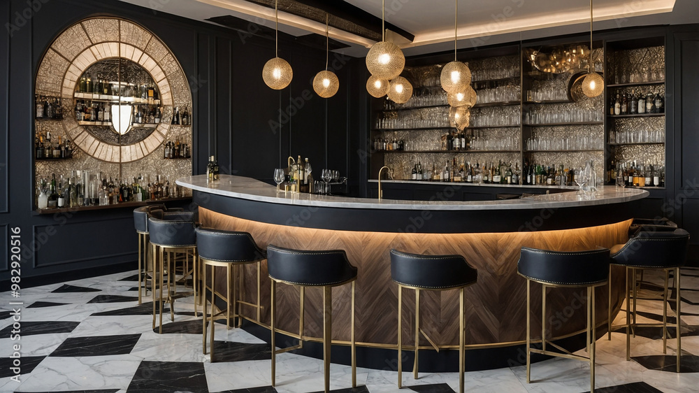 Elegant modern bar with dark tones, gold accents, and stylish seating ...