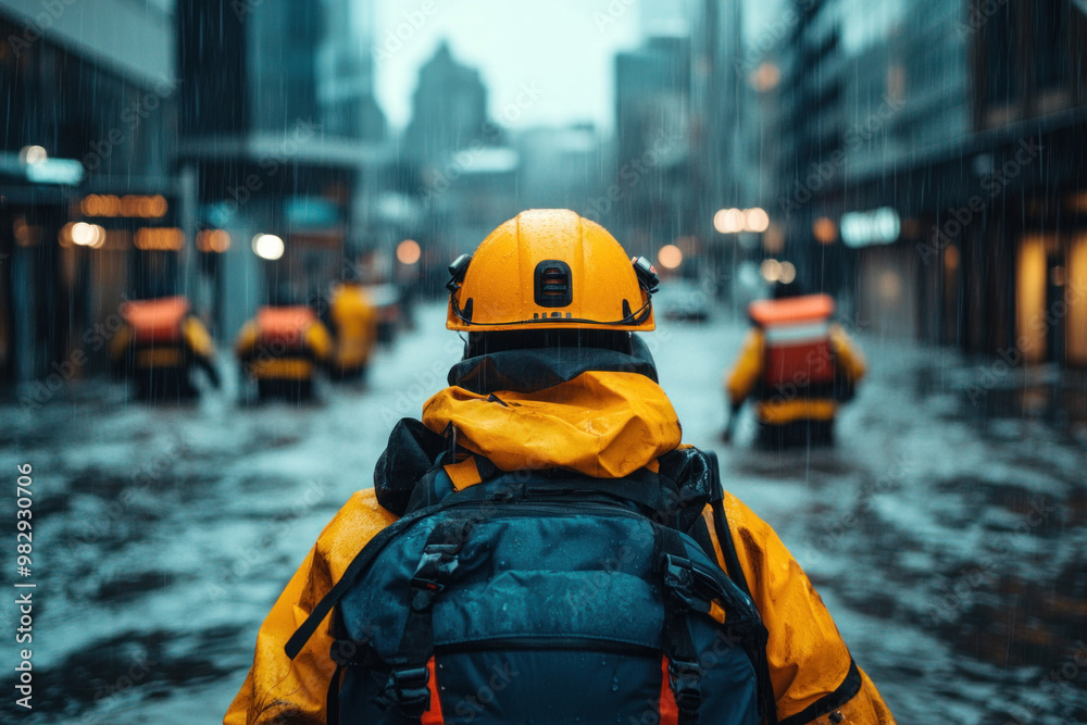 An emergency response crew managing urban flooding, ensuring residents ...