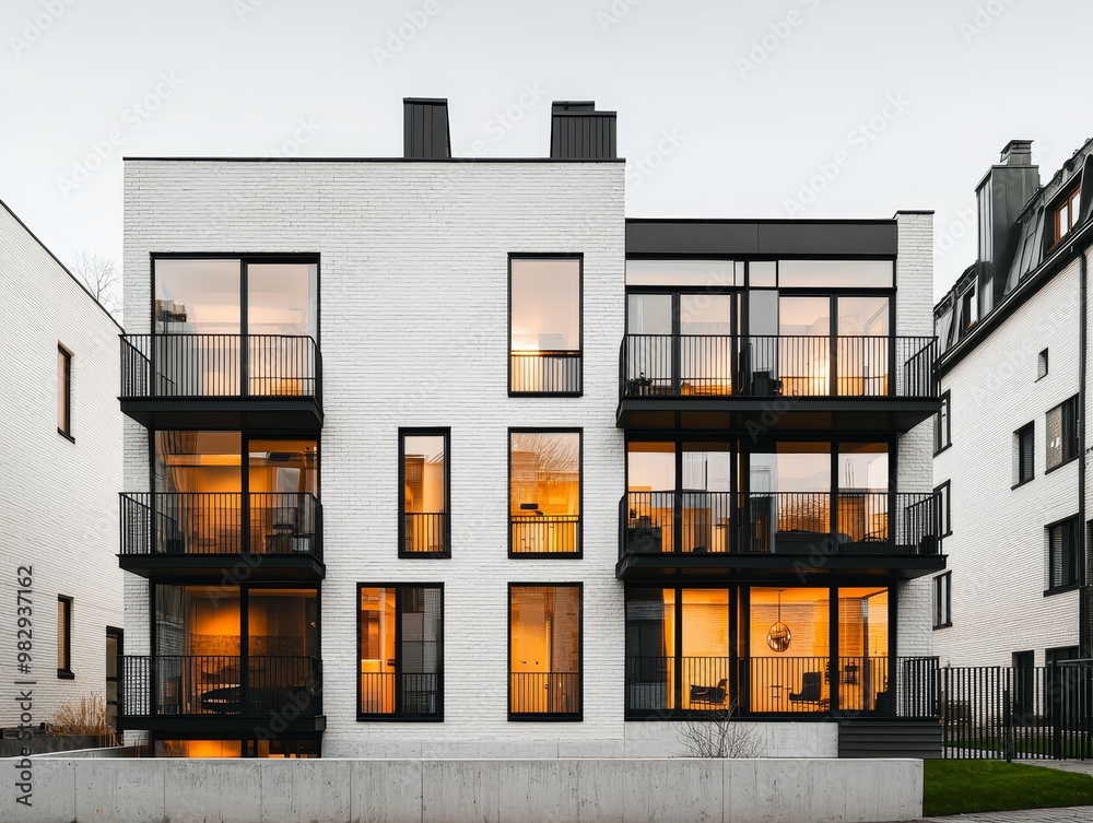 Contemporary Minimalist White Brick Apartment Building with Black ...