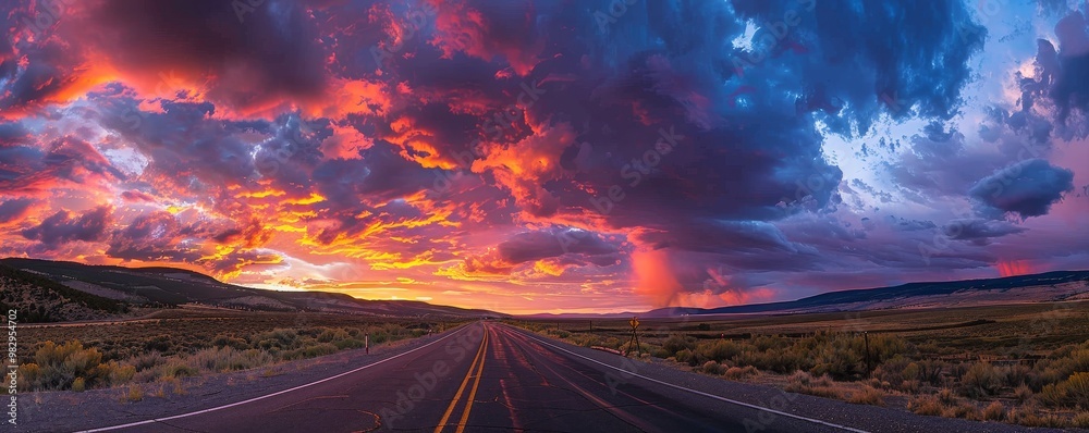 Road to the Horizon A Panorama of a Fiery Sunset, Highway, Roadtrip ...