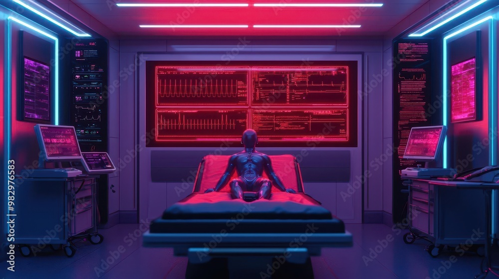 Advanced outpatient room with glowing medical interfaces, patients ...