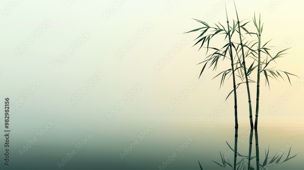 Minimalist image of bamboo poles with leaves and their reflection in ...
