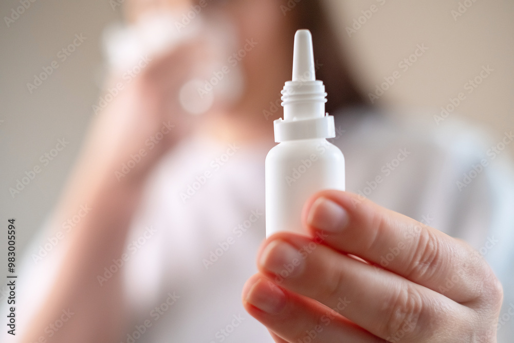 Sinusitis medication for treating sinus inflammation, woman using nasal ...