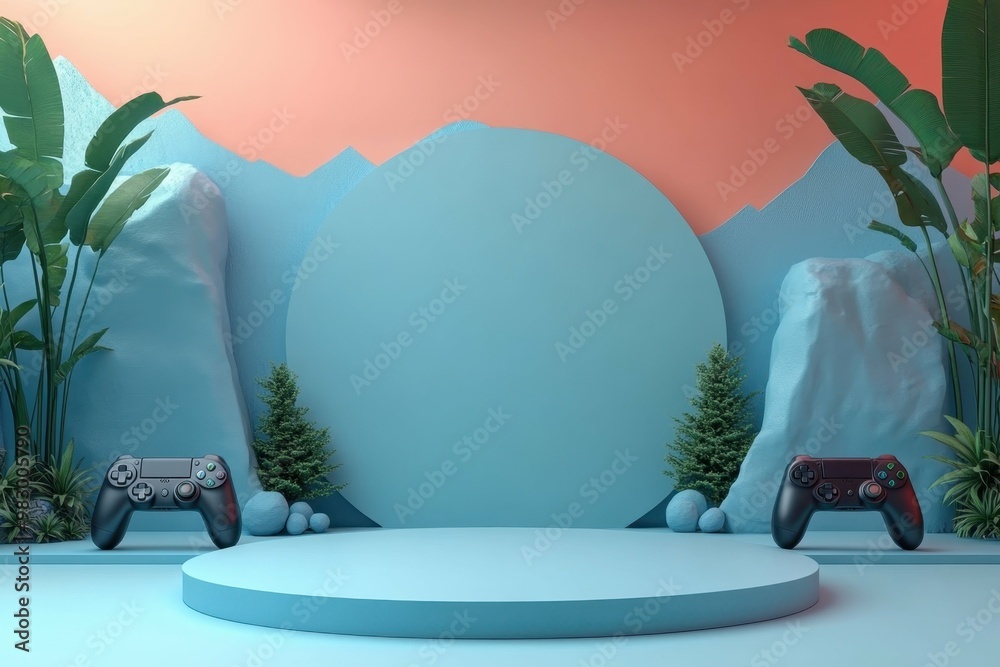 Video game setup with a console and controllers in 3D rendered ...