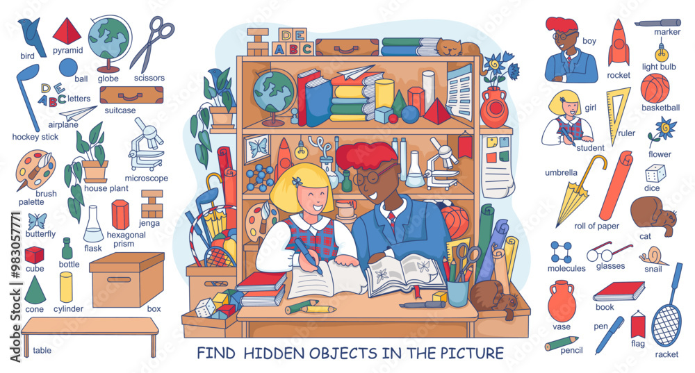 Student in the classroom. Find hidden objects in the picture. Girl and ...