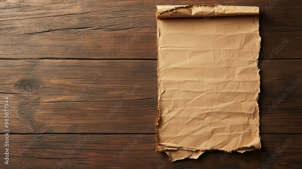 Aged, torn notebook page with multiple folds and ink blots, yellowed ...