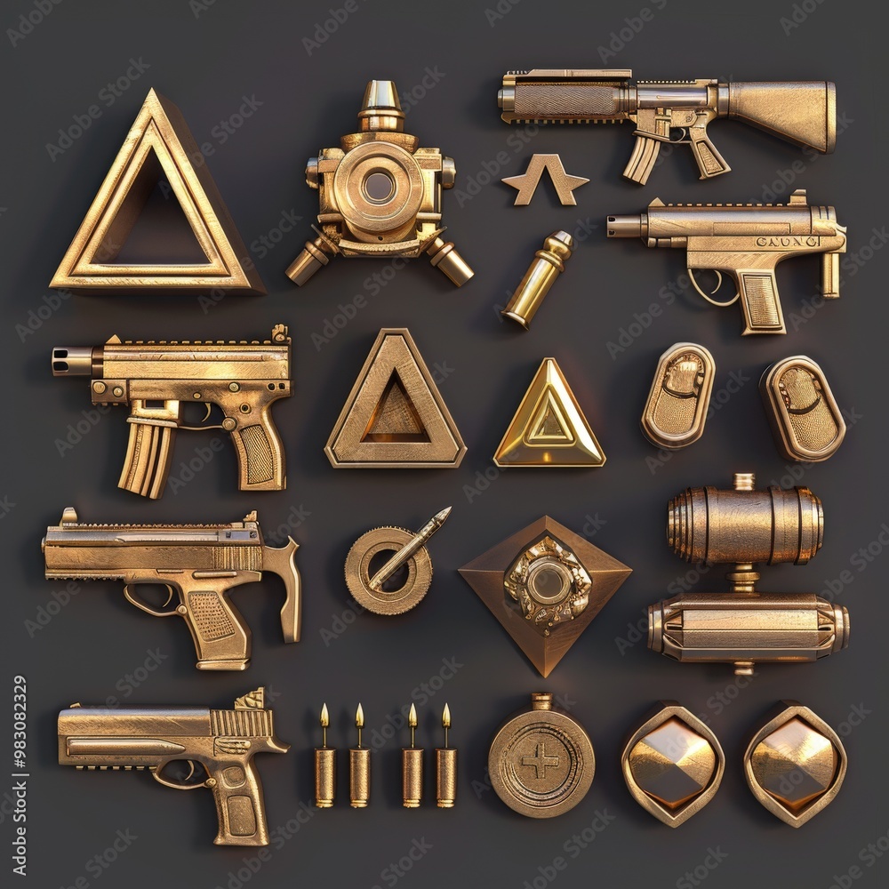 3D free to play casual UI HUD icons golden army symbols triangle gun ...