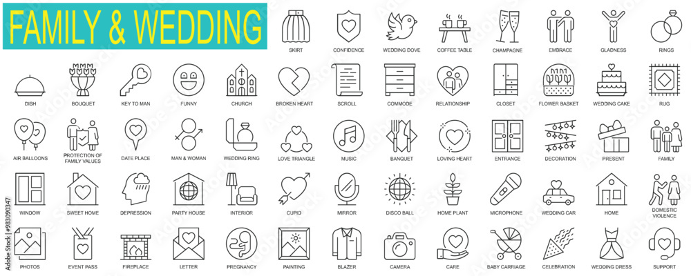 Set of Family and wedding web icons in outline design. Pack of ...