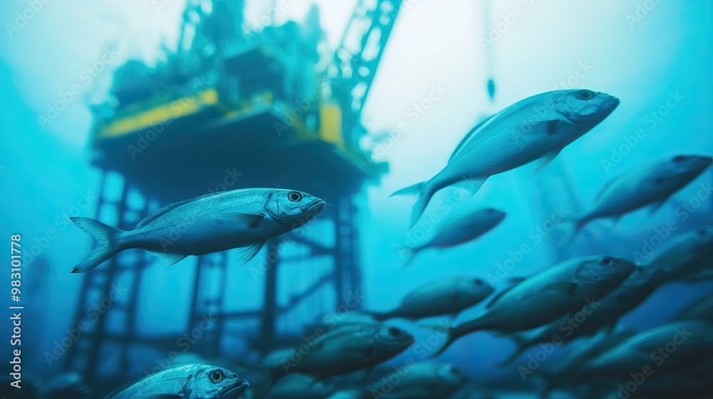 Underwater scene with fish swimming near an offshore oil rig ...