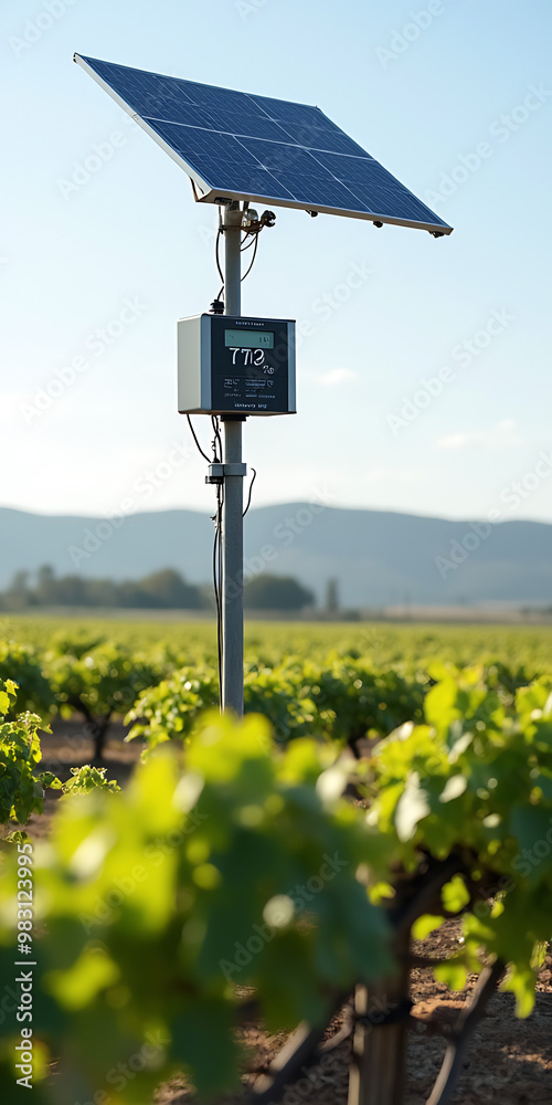 Automated weather station with solar panels in a vineyard, collecting ...