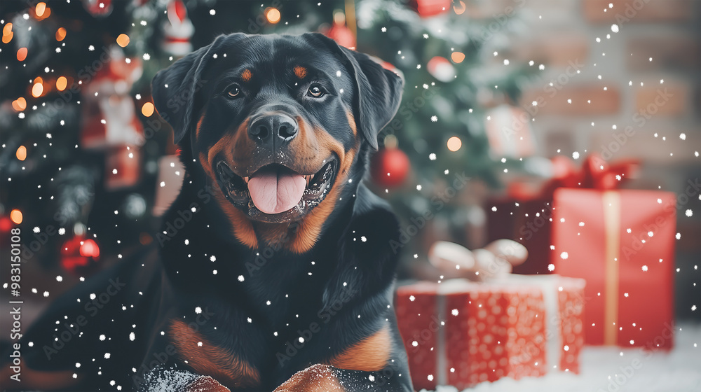 Rottweiler dog happily posed in front of a decorated Christmas tree ...