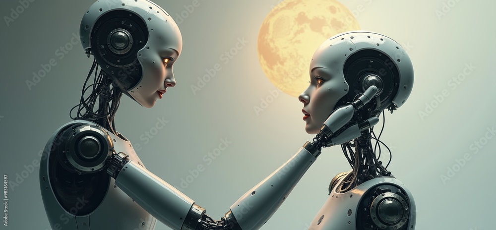 Futuristic humanoid robots gaze at each other under a glowing moon, symbolizing technology s ...