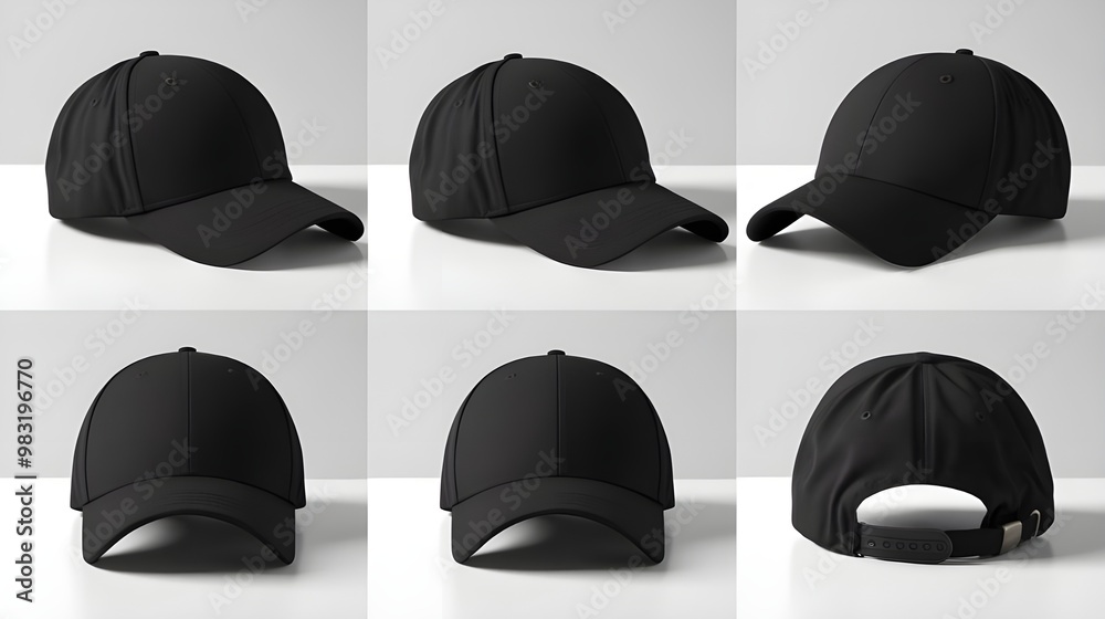 Blank Black Baseball Cap Mockup Front Back and Side Views Stock ...