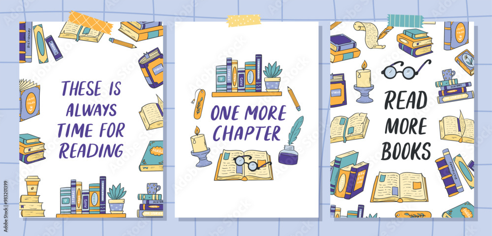 Books cards, banners, prints collection decorated with lettering quotes ...