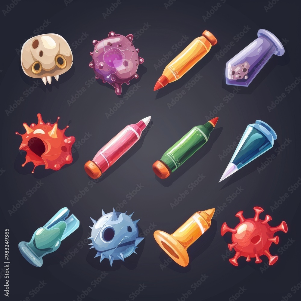UI HUD 3D game icons of poison toxic venom ammo bullets cartoony ...