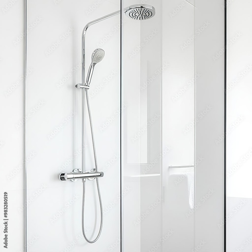 Frameless glass shower with chrome fixtures and simple shower controls ...