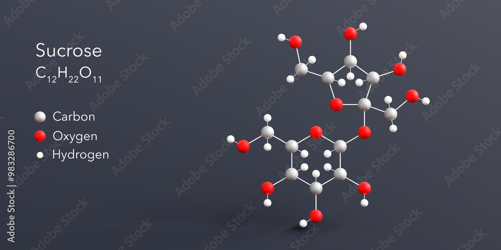 sucrose molecule 3d rendering, flat molecular structure with chemical ...