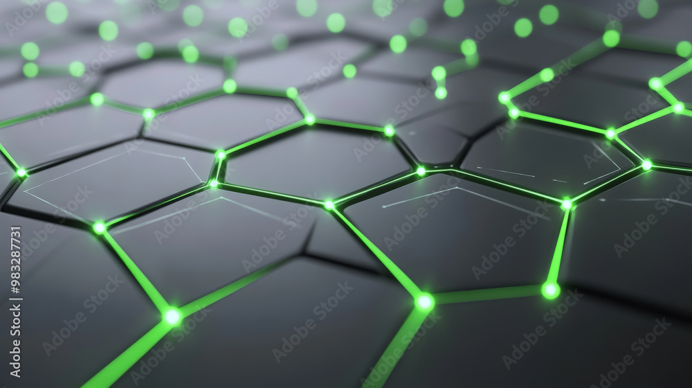 Hexagon pattern in light gray with neon green accents, connected by ...