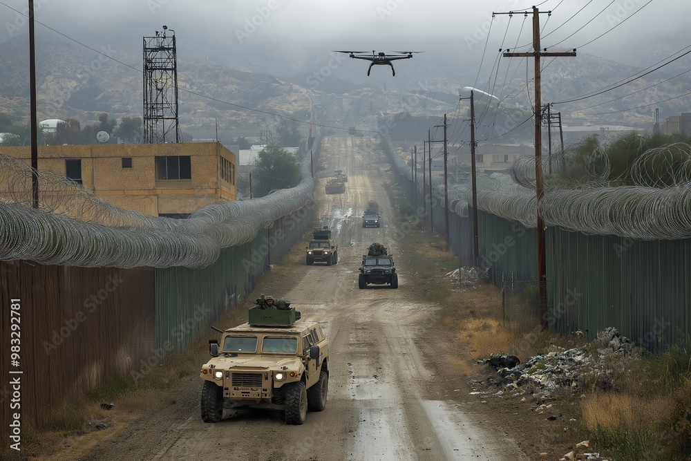 Military vehicles patrol a fortified international border with ...