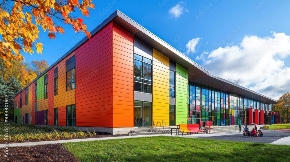 An innovative school building using brightly colored fiber cement ...